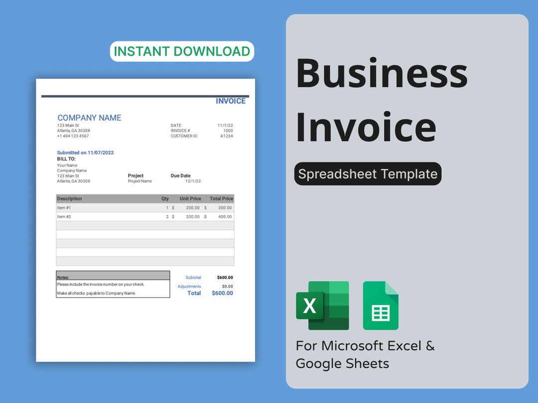 Business Invoice Template for Microsoft Excel & Google Sheets Blue Easy ...