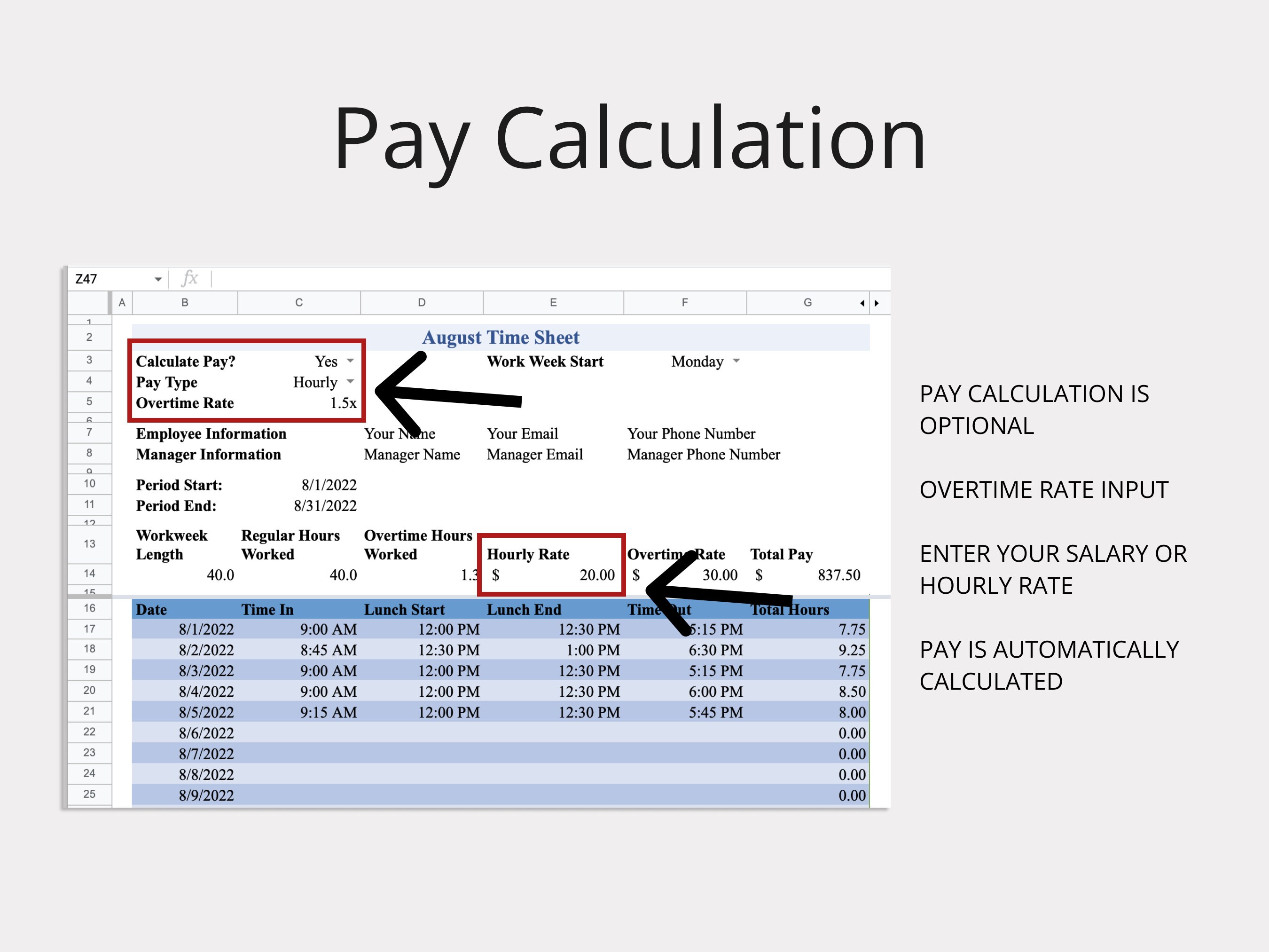 Monthly Timesheet Template for Google Sheets (blue) - Track Hours Worked + Dynamic Pay ...