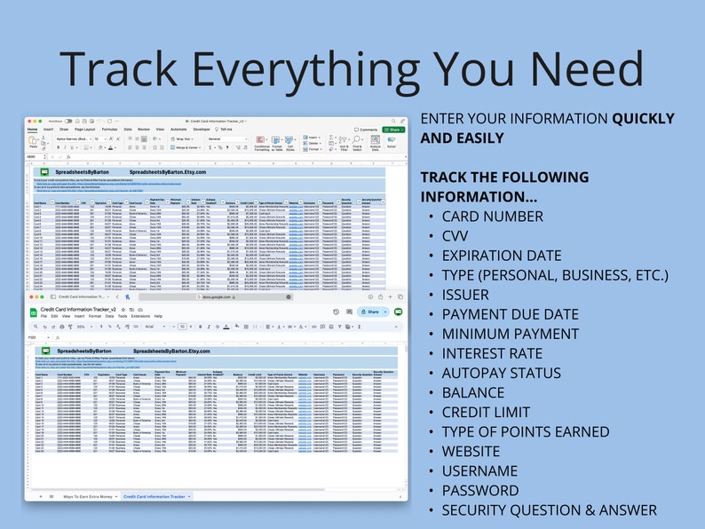 Credit Card Information Spreadsheet - Microsoft Excel & Google Sheets ...