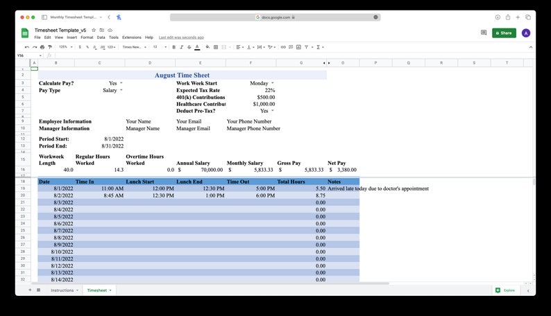 Enhanced Monthly Timesheet Template for Microsoft Excel & Google Sheets Track Hours Worked ...