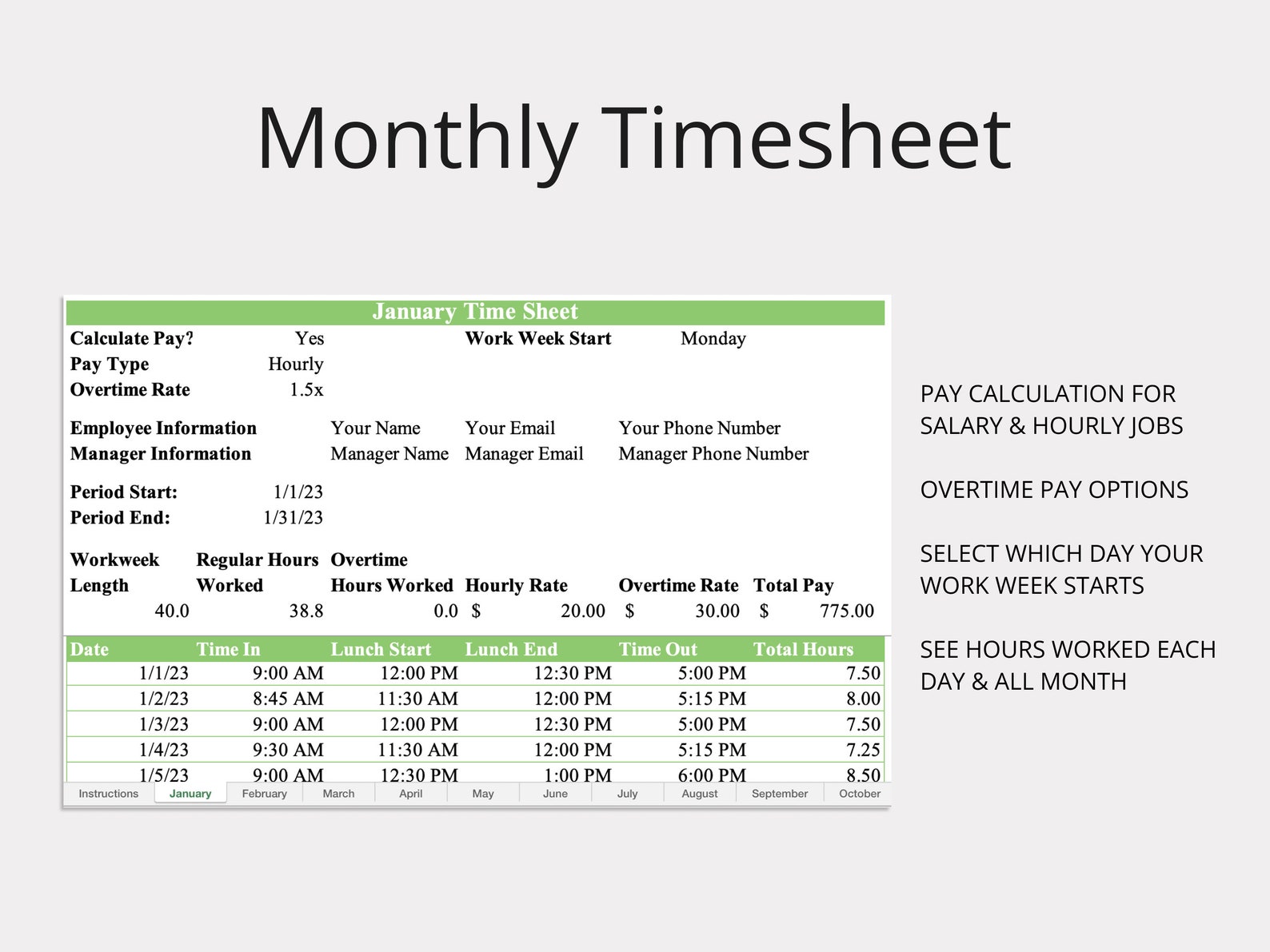 Monthly Timesheet Template for Microsoft Excel & Google Sheets (green ...