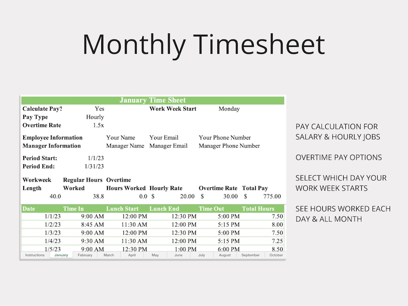 Monthly Timesheet Template for Microsoft Excel & Google Sheets (green ...