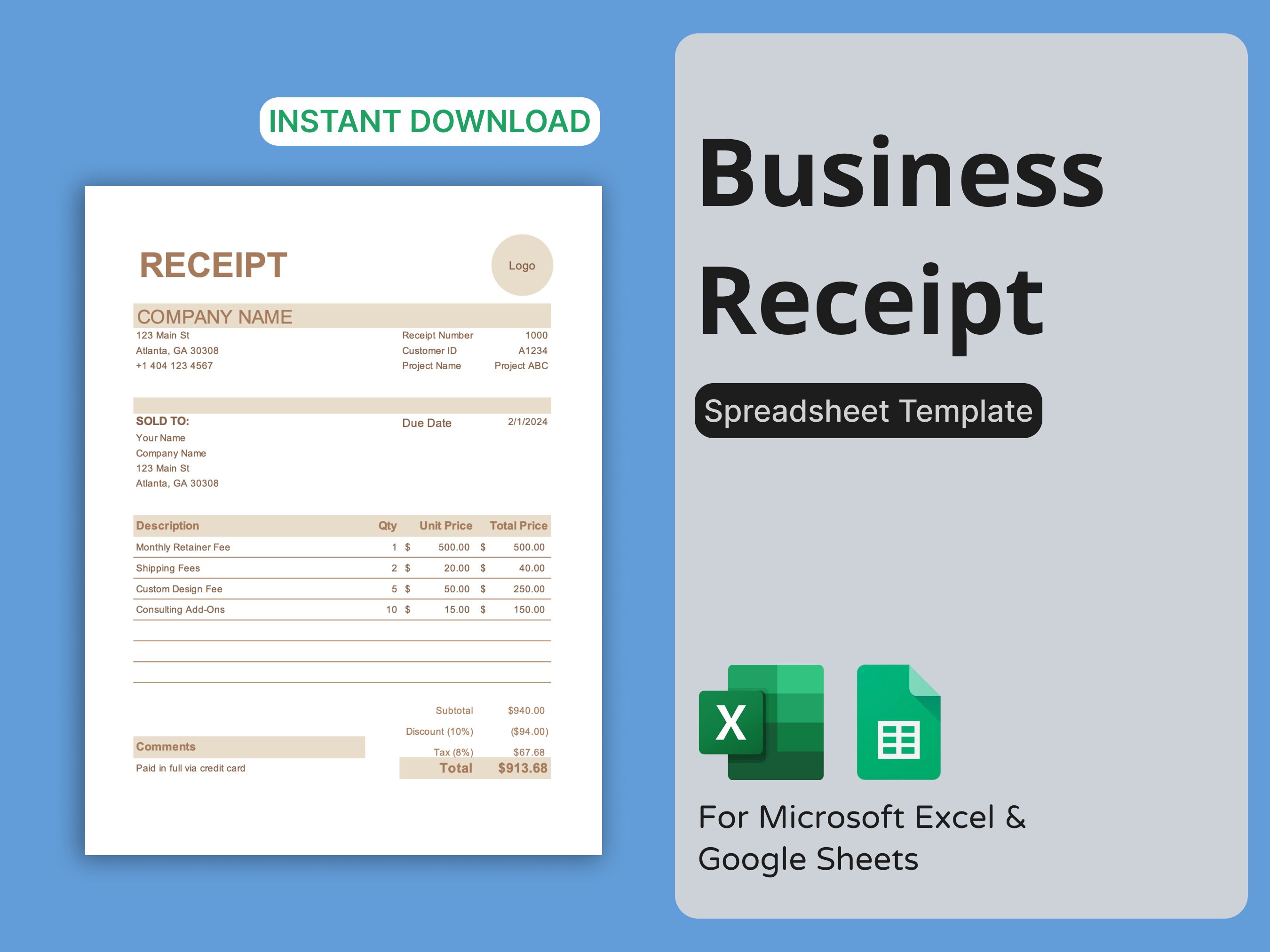 Business Receipt Template for Microsoft Excel & Google Sheets (tan ...