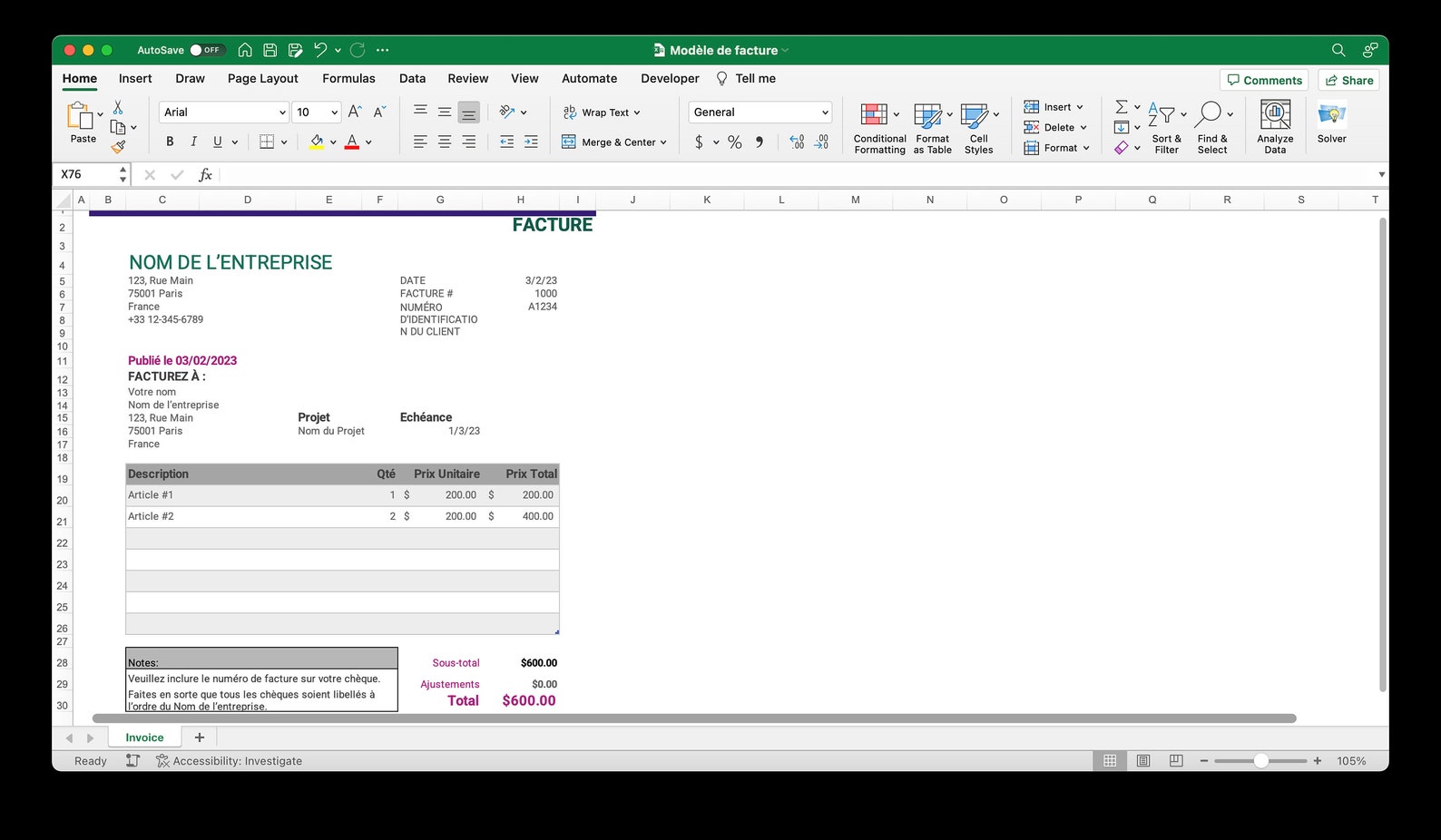 Modèle De Facture Pour Microsoft Excel Et Google Sheets - Modèle Facile ...