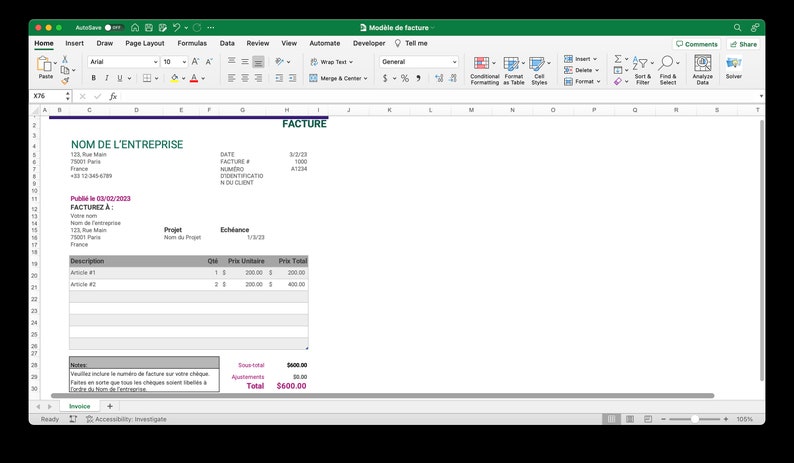 Modèle De Facture Pour Microsoft Excel Et Google Sheets - Modèle Facile ...