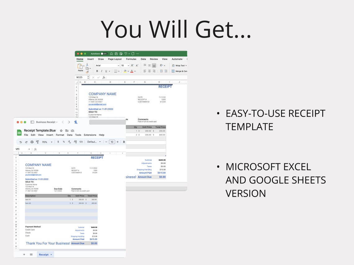 Business Receipt Template for Microsoft Excel & Google Sheets (blue ...