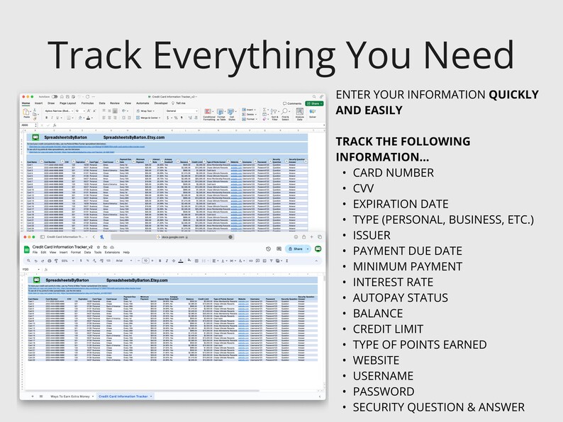 Credit Card Information Spreadsheet - Microsoft Excel & Google Sheets ...