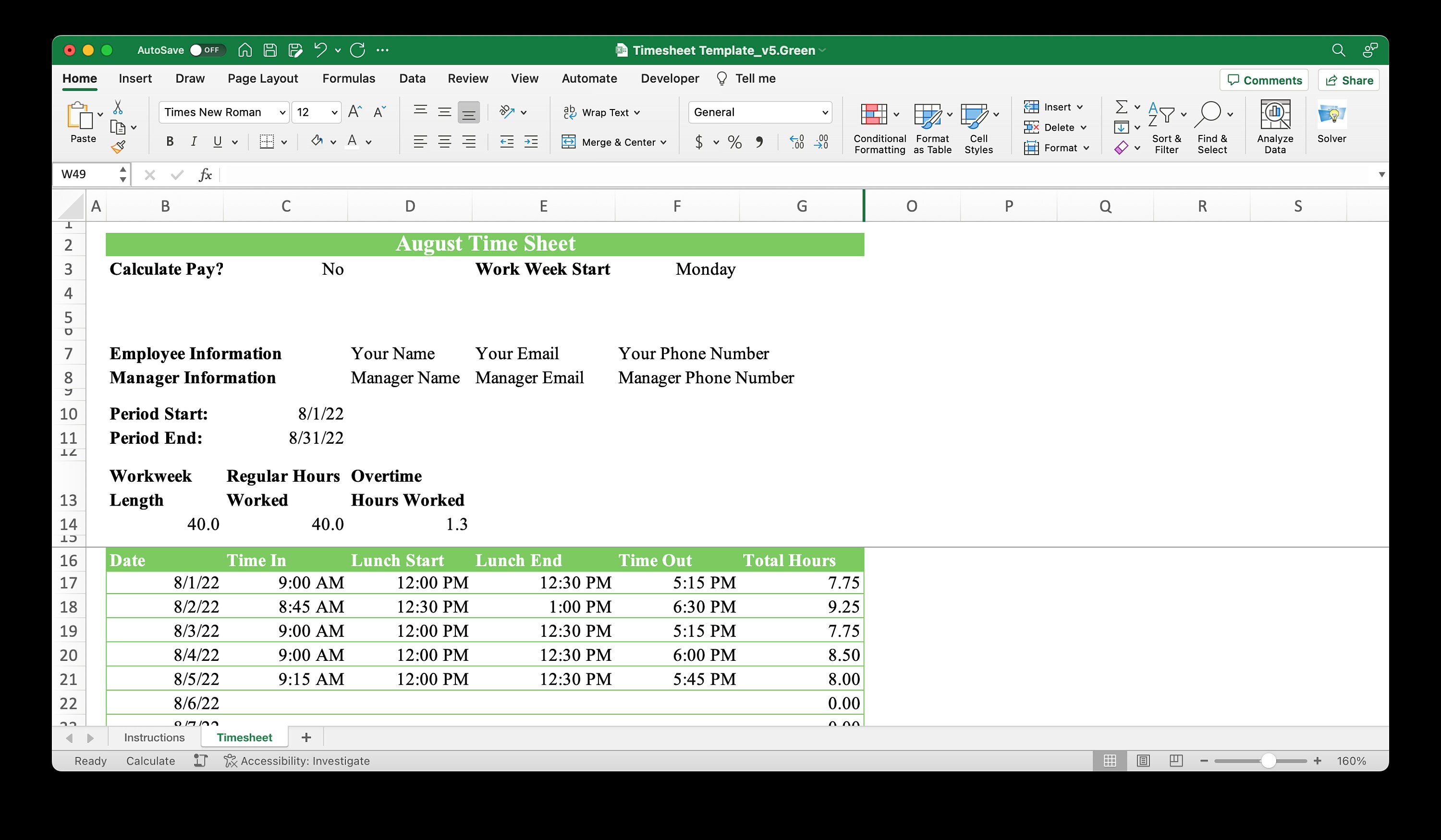 Monthly Timesheet Template for Microsoft Excel & Google Sheets (green ...