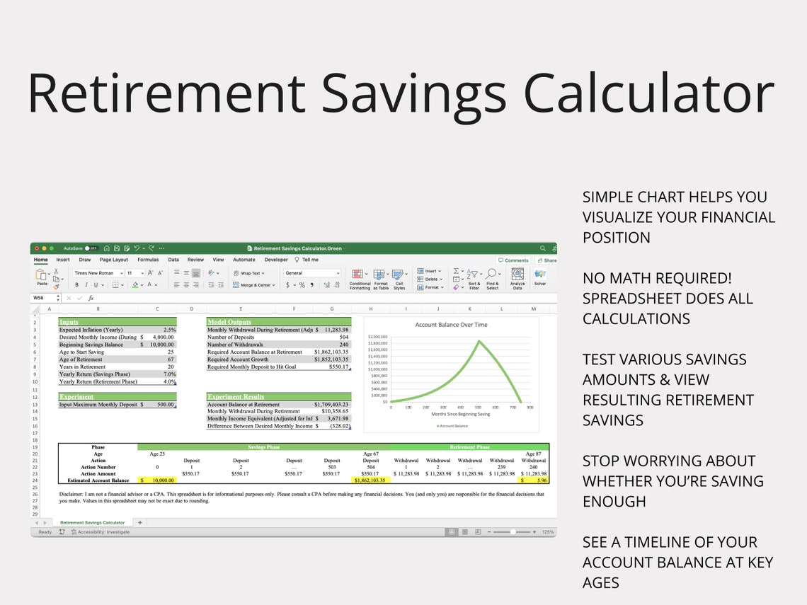 Retirement Calculator for Microsoft Excel & Google Sheets (green ...