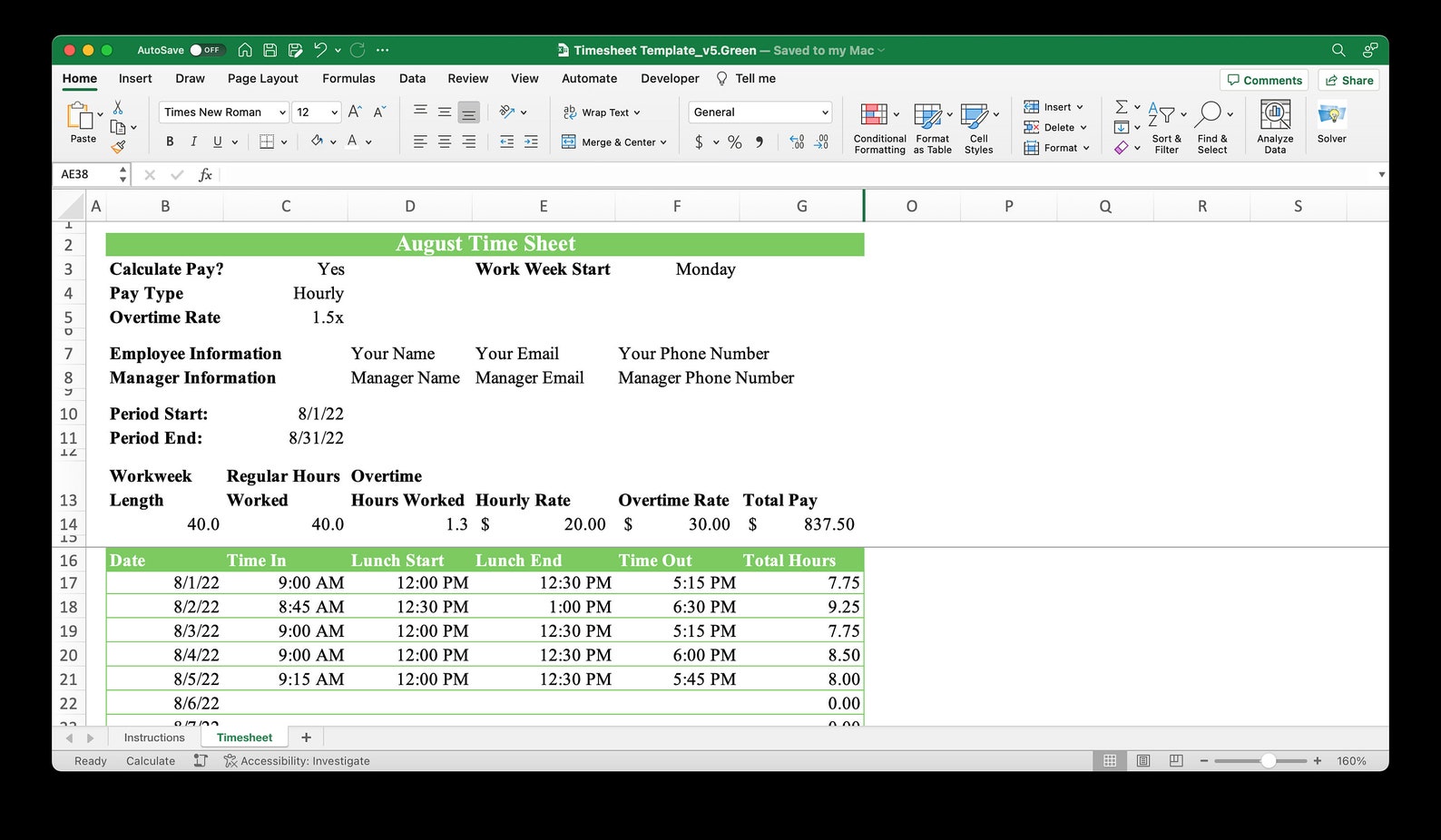 Monthly Timesheet Template for Microsoft Excel & Google Sheets green ...