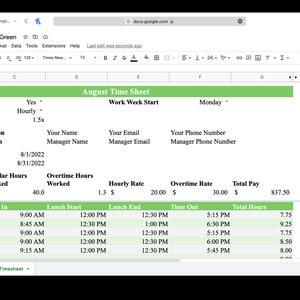 Timesheet Template for Microsoft Excel & Google Sheets (green) - Track ...