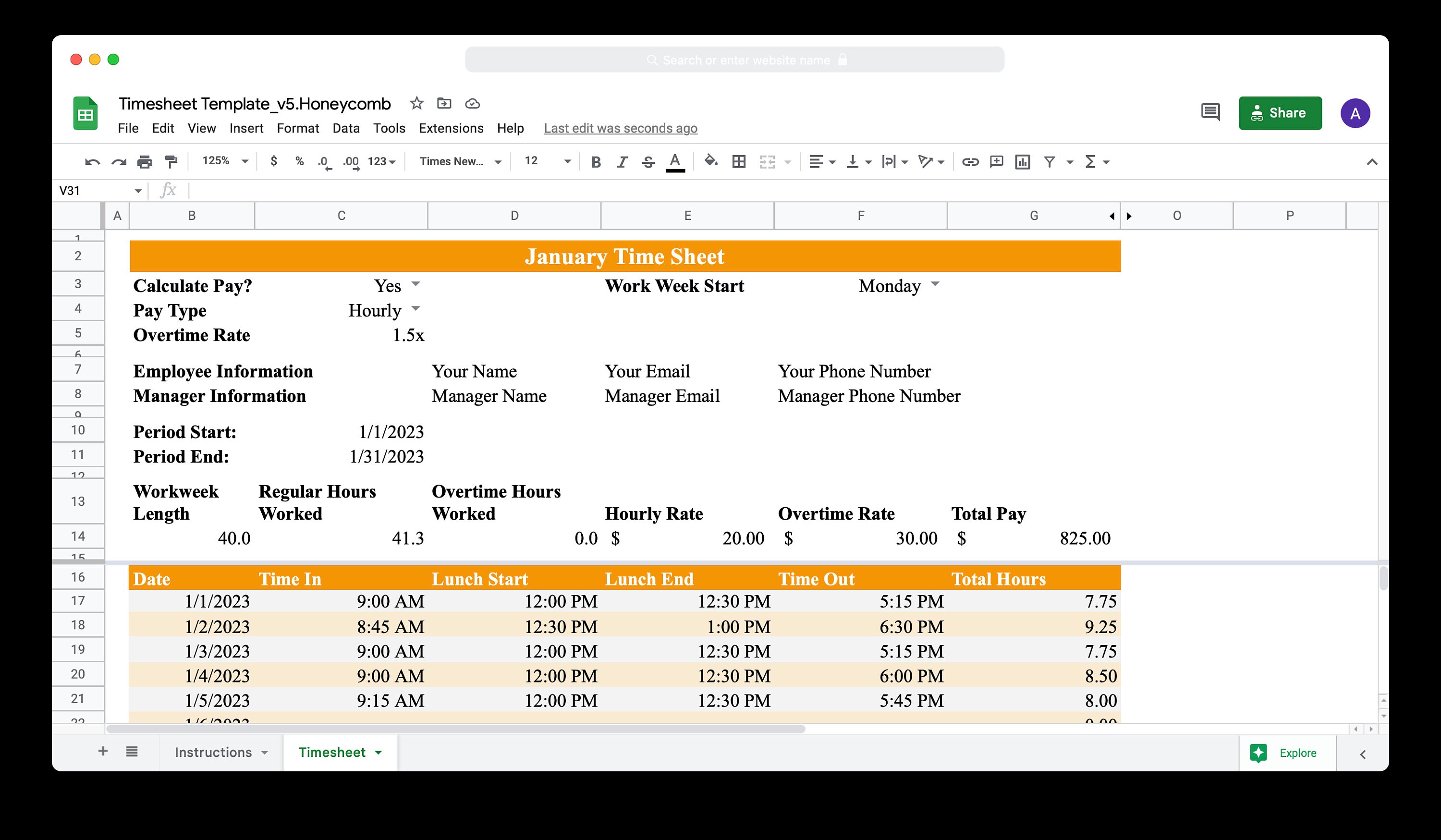 Monthly Timesheet Template for Microsoft Excel & Google Sheets orange ...