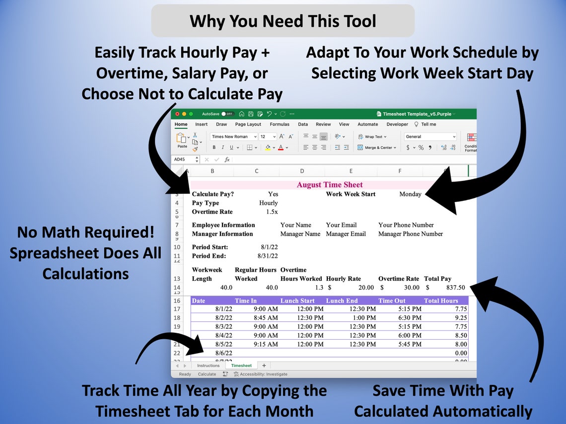 Monthly Timesheet Template for Microsoft Excel & Google Sheets (pink ...