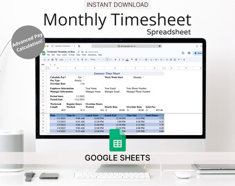 Monthly Timesheet Template for Microsoft Excel & Google Sheets green ...