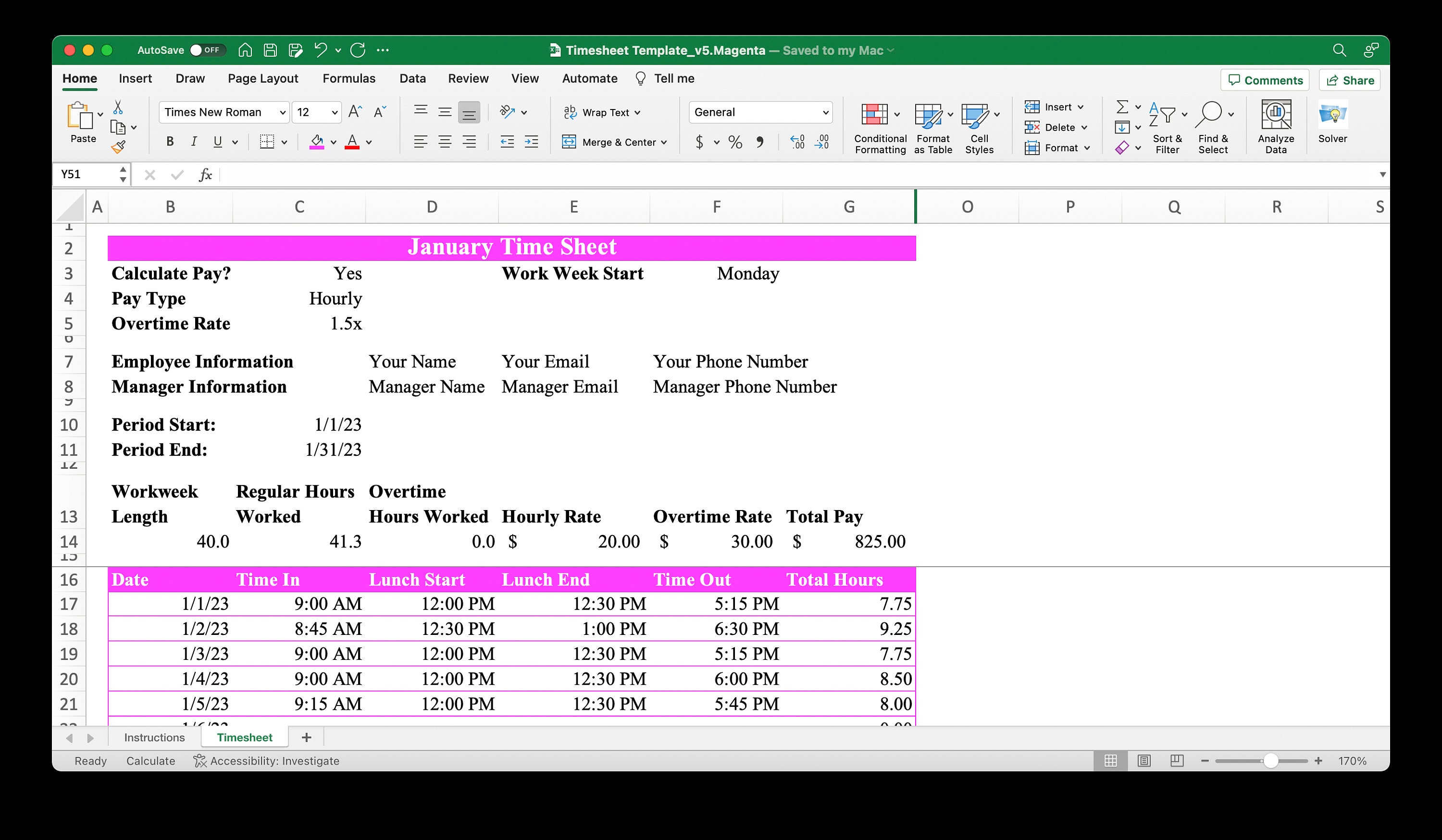 Monthly Timesheet Template for Microsoft Excel & Google Sheets (magenta ...