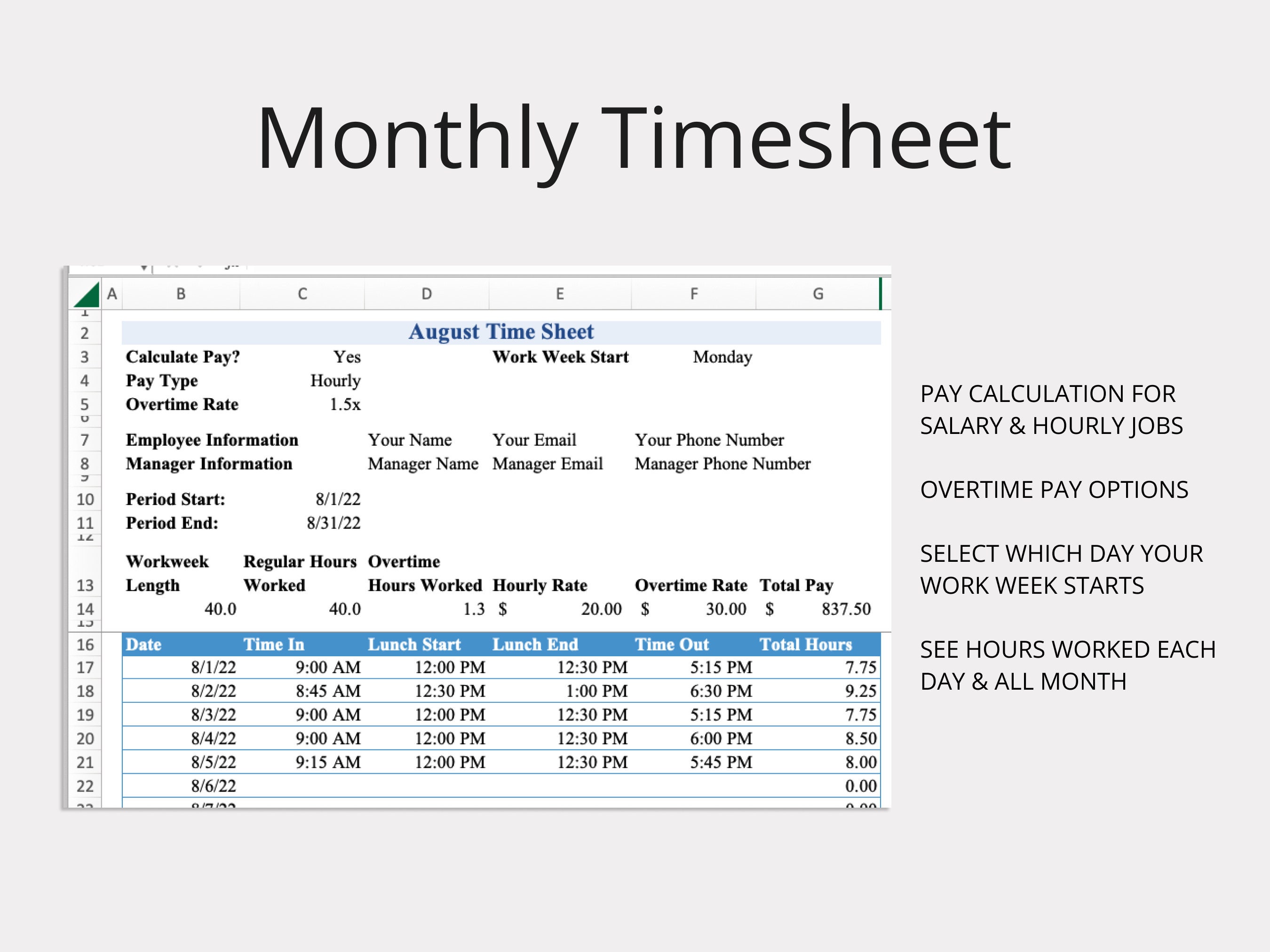 Monthly Timesheet Template for Microsoft Excel & Google Sheets - Etsy