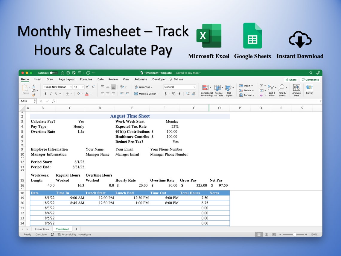 Enhanced Monthly Timesheet Template for Microsoft Excel & Google Sheets ...