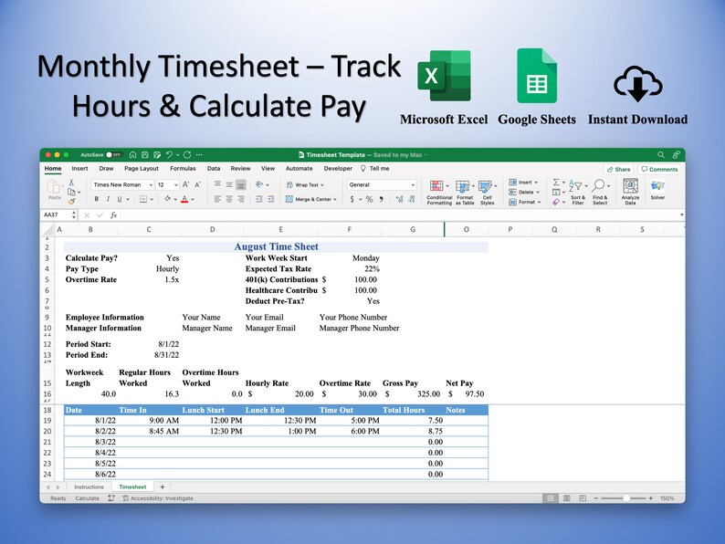 Enhanced Monthly Timesheet Template for Microsoft Excel & Google Sheets ...