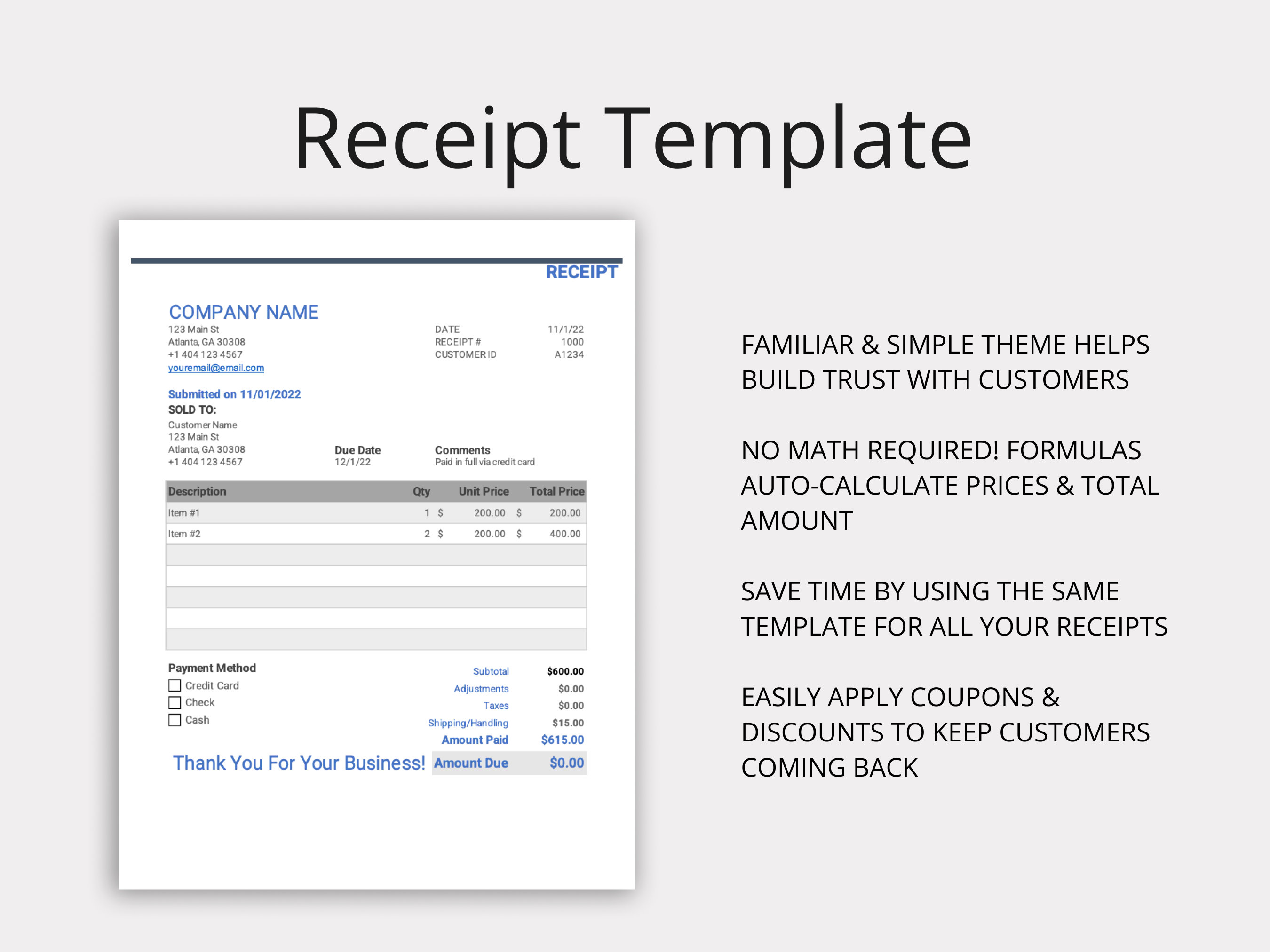 Business Receipt Template for Microsoft Excel & Google Sheets (blue ...