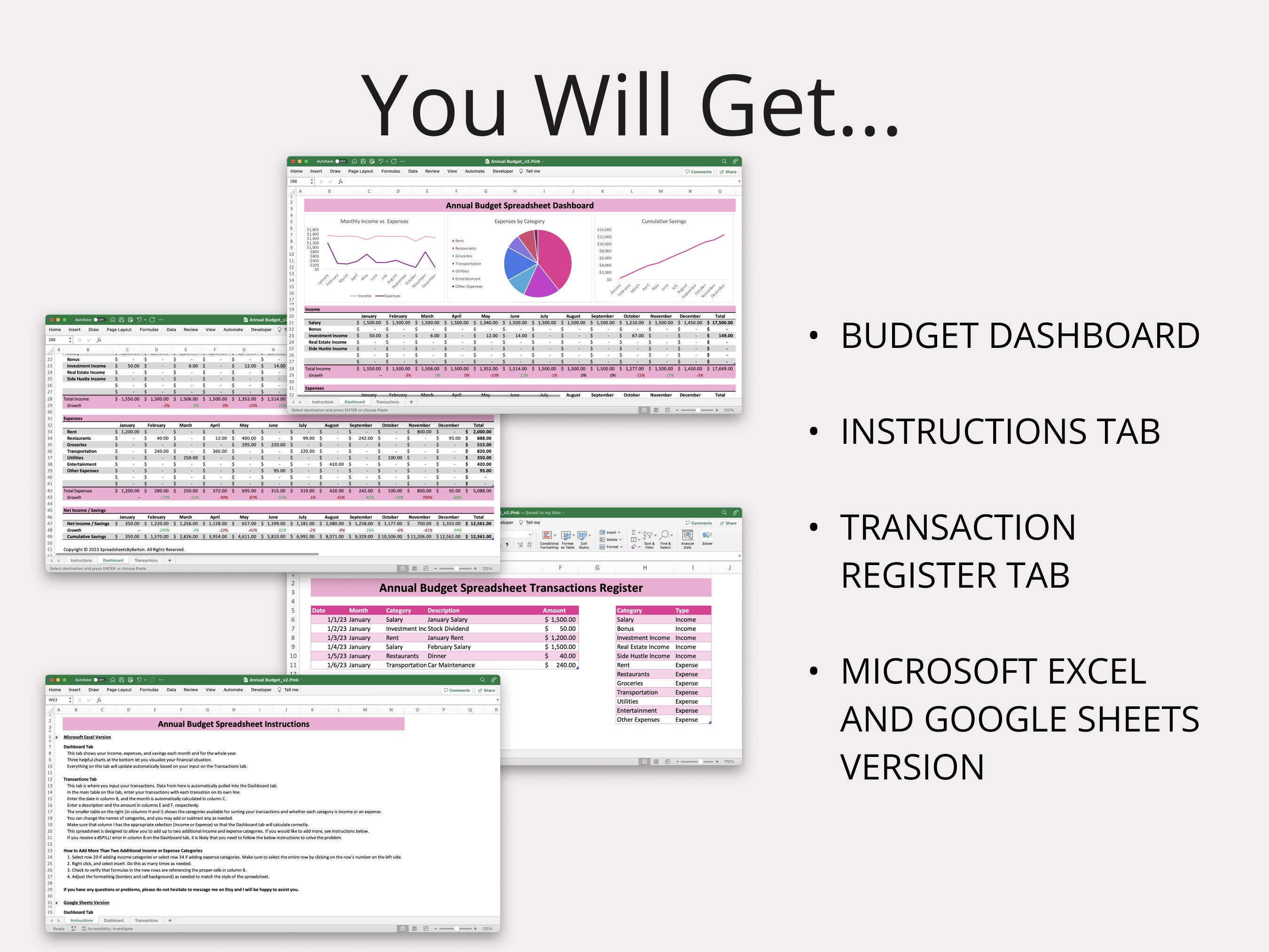 Budget Spreadsheet for Microsoft Excel & Google Sheets pink - Etsy