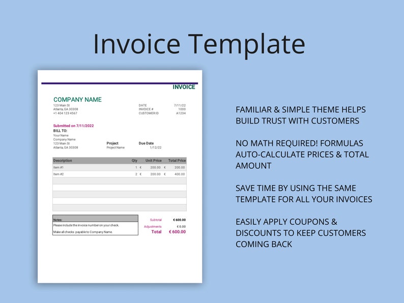 Business Invoice Template euro for Microsoft Excel & Google Sheets Easy ...