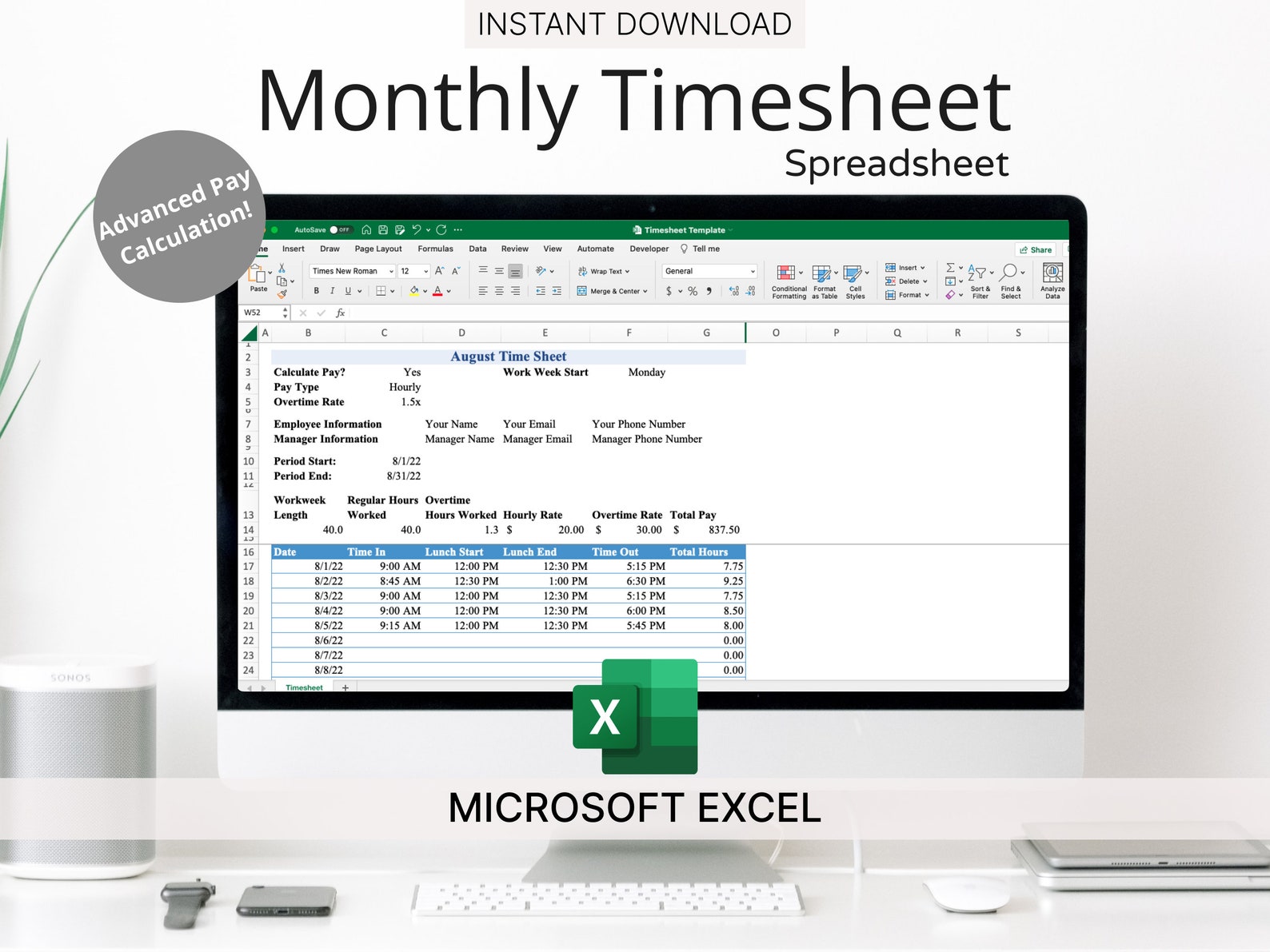Monthly Timesheet Template for Microsoft Excel blue Track Hours Worked ...