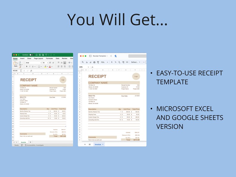 Business Receipt Template for Microsoft Excel & Google Sheets (tan ...