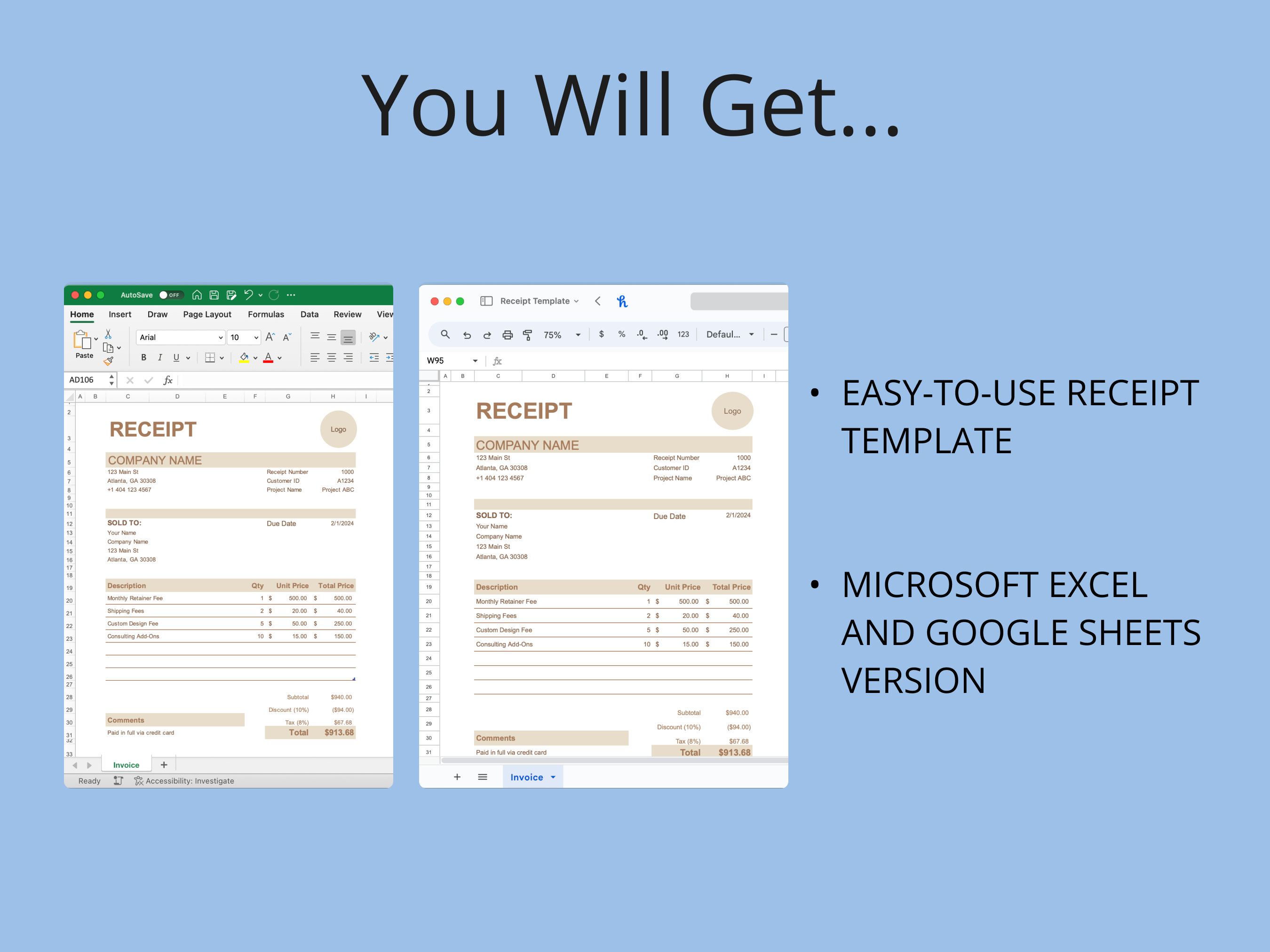 Business Receipt Template for Microsoft Excel & Google Sheets (tan ...