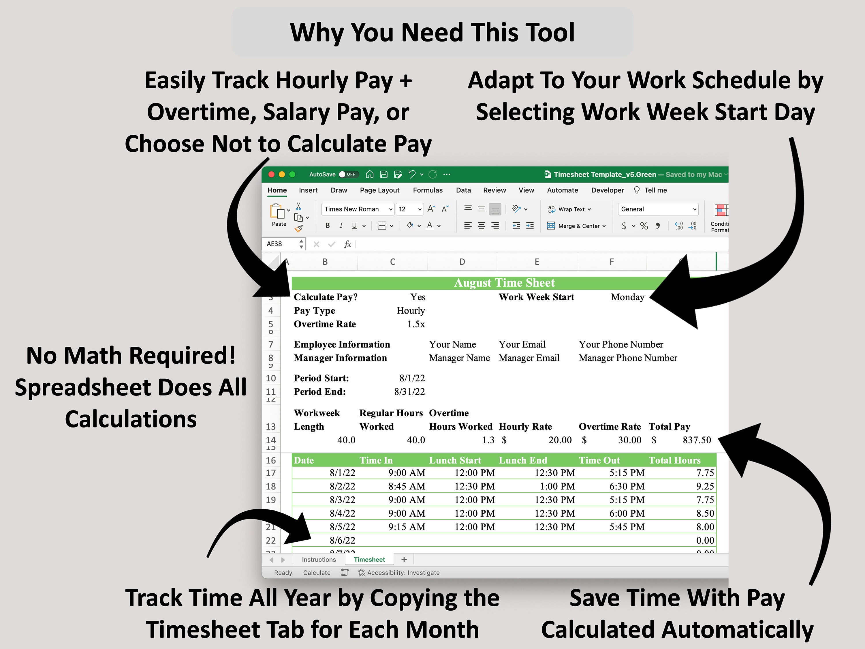 Timesheet Template for Microsoft Excel & Google Sheets (green) - Track ...