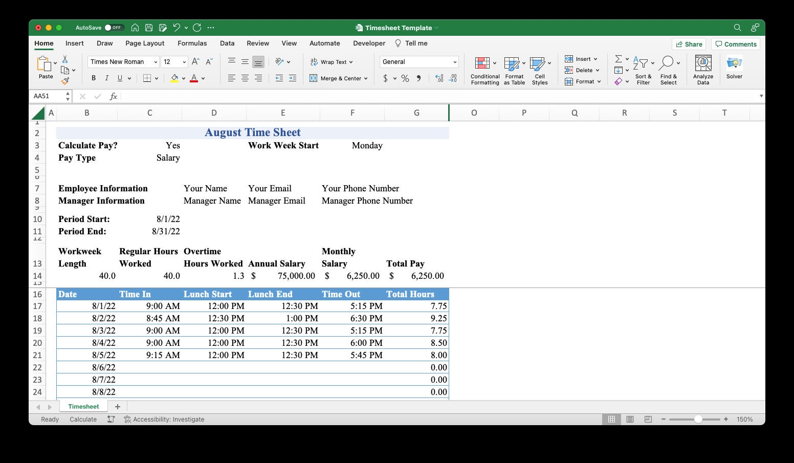 Monthly Timesheet Template for Microsoft Excel blue Track - Etsy