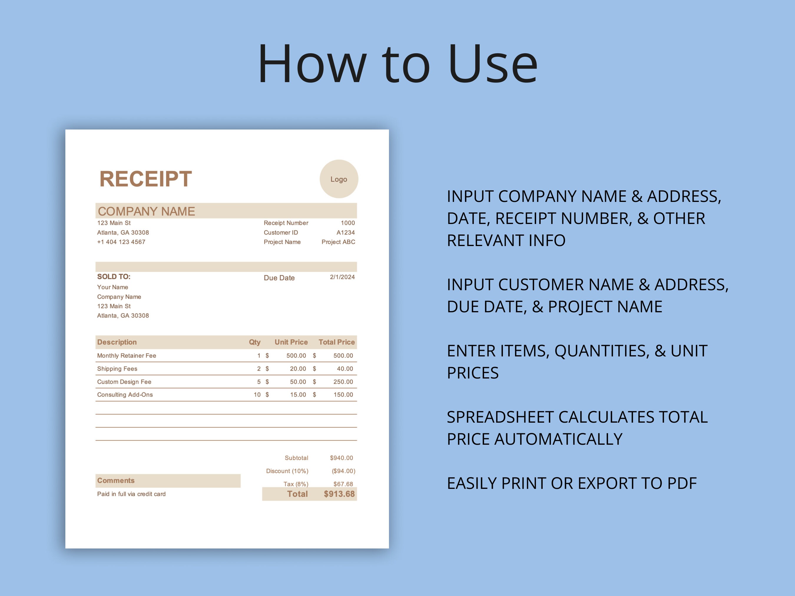 Business Receipt Template for Microsoft Excel & Google Sheets (tan ...