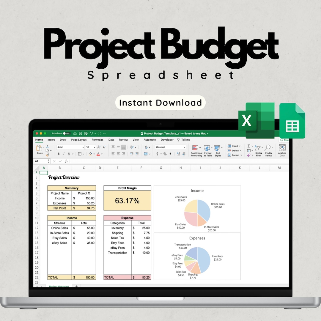 Project Budget Spreadsheet | Track Income & Expenses | Excel and Google ...