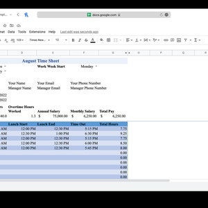 Monthly Timesheet Template for Microsoft Excel & Google Sheets blue ...