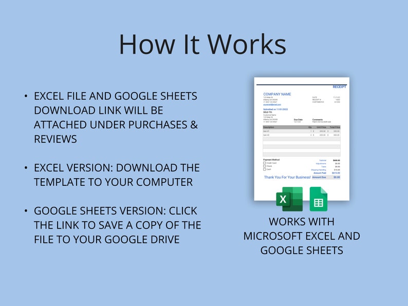 Business Receipt Template for Microsoft Excel & Google Sheets blue Easy ...