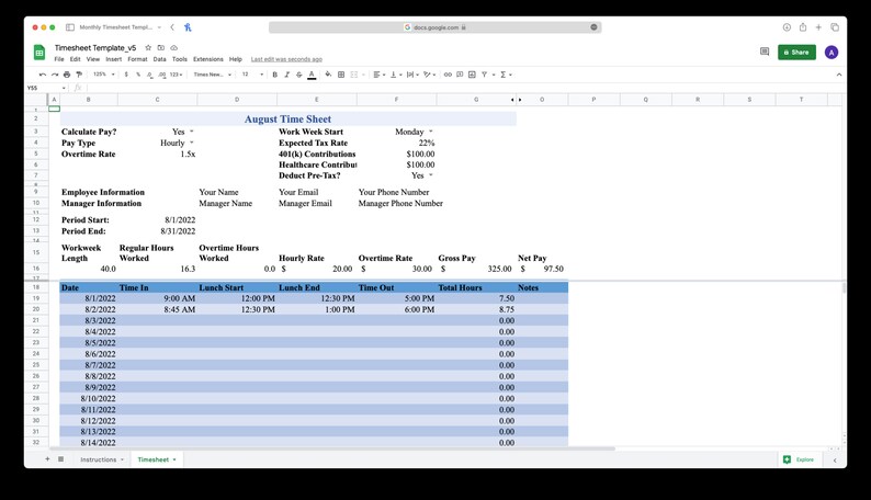 Enhanced Monthly Timesheet Template for Microsoft Excel & Google Sheets ...