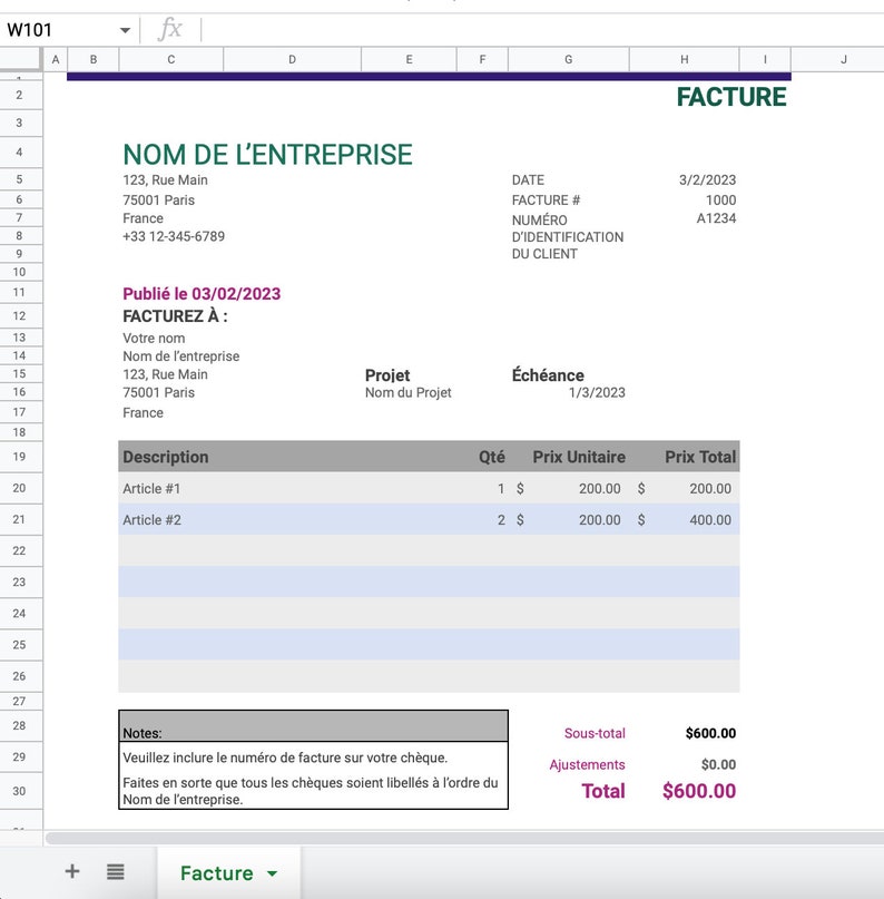 Modèle De Facture Pour Microsoft Excel Et Google Sheets - Modèle Facile ...