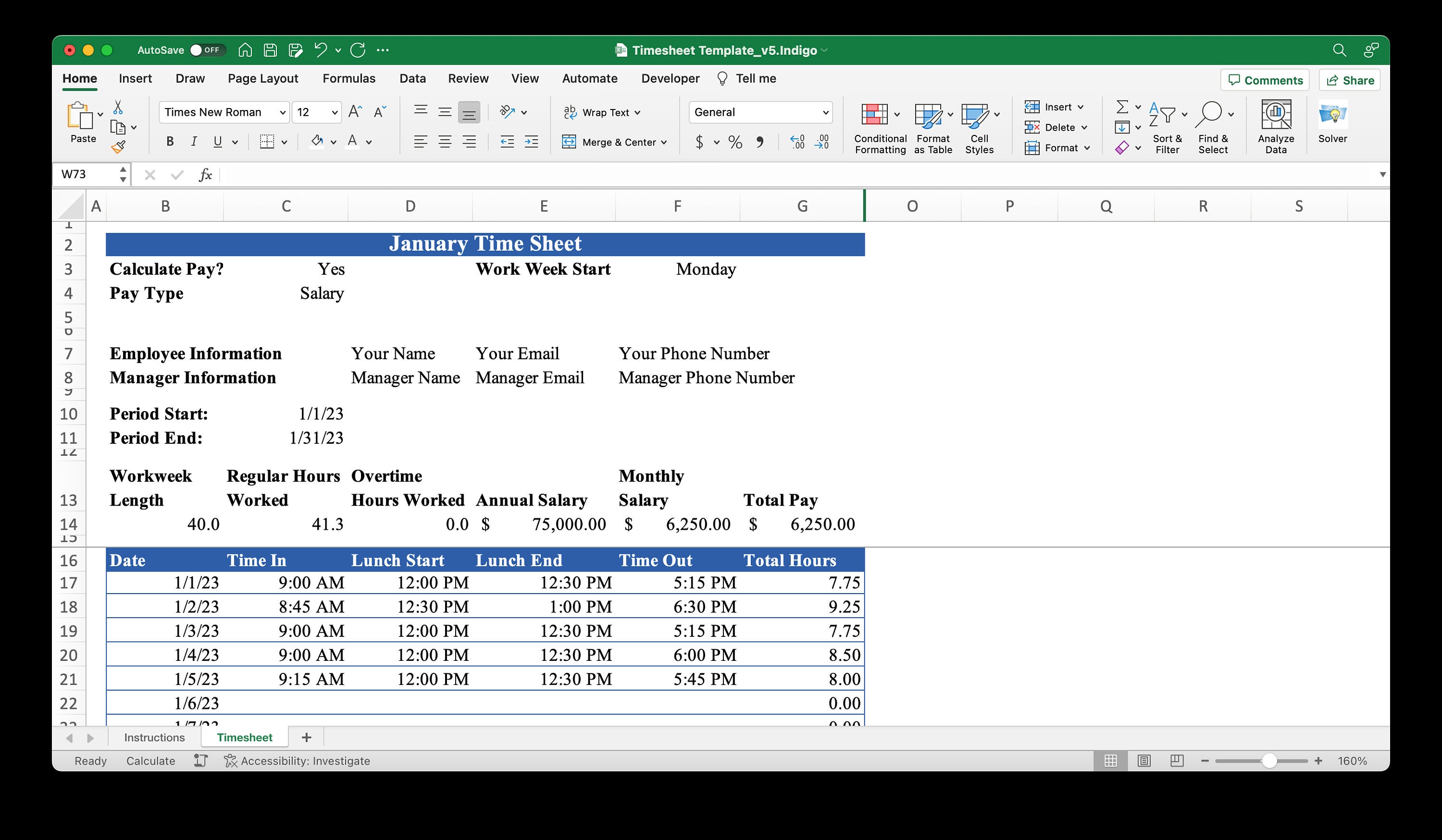 Monthly Timesheet Template for Microsoft Excel & Google Sheets indigo ...