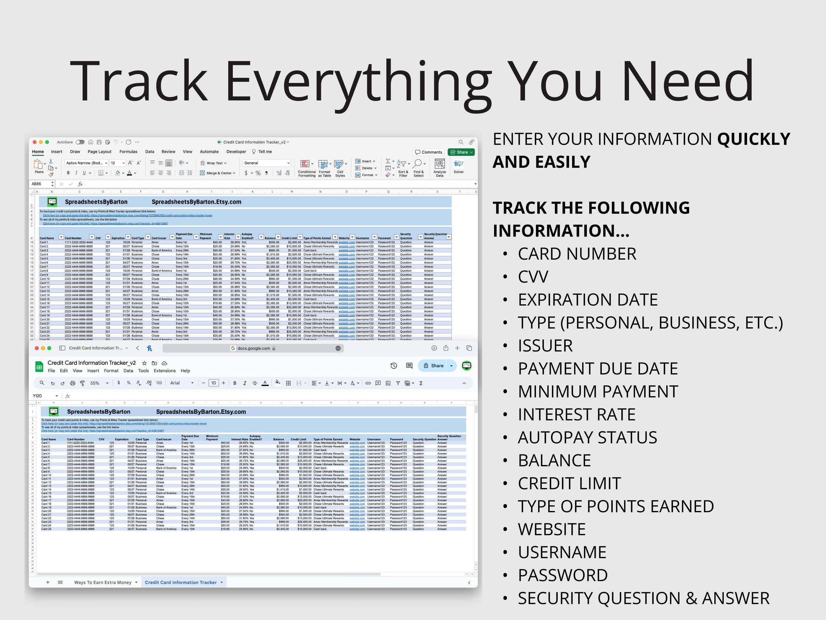 Credit Card Information Spreadsheet - Microsoft Excel & Google Sheets ...