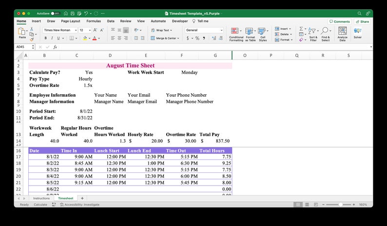 Monthly Timesheet Template for Microsoft Excel & Google Sheets (pink ...