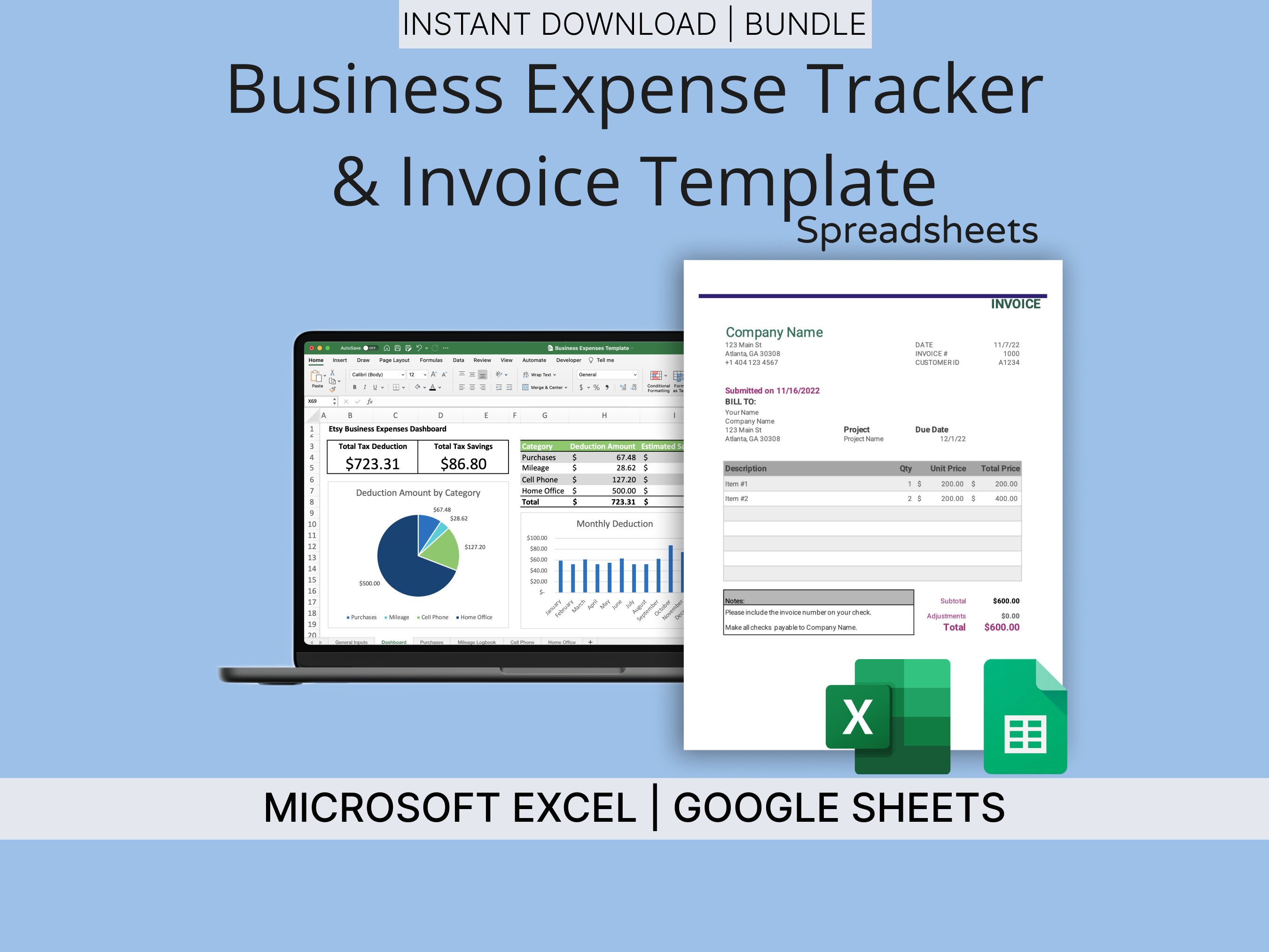 Invoice & Business Expense Tracker Template for Microsoft Excel/google ...