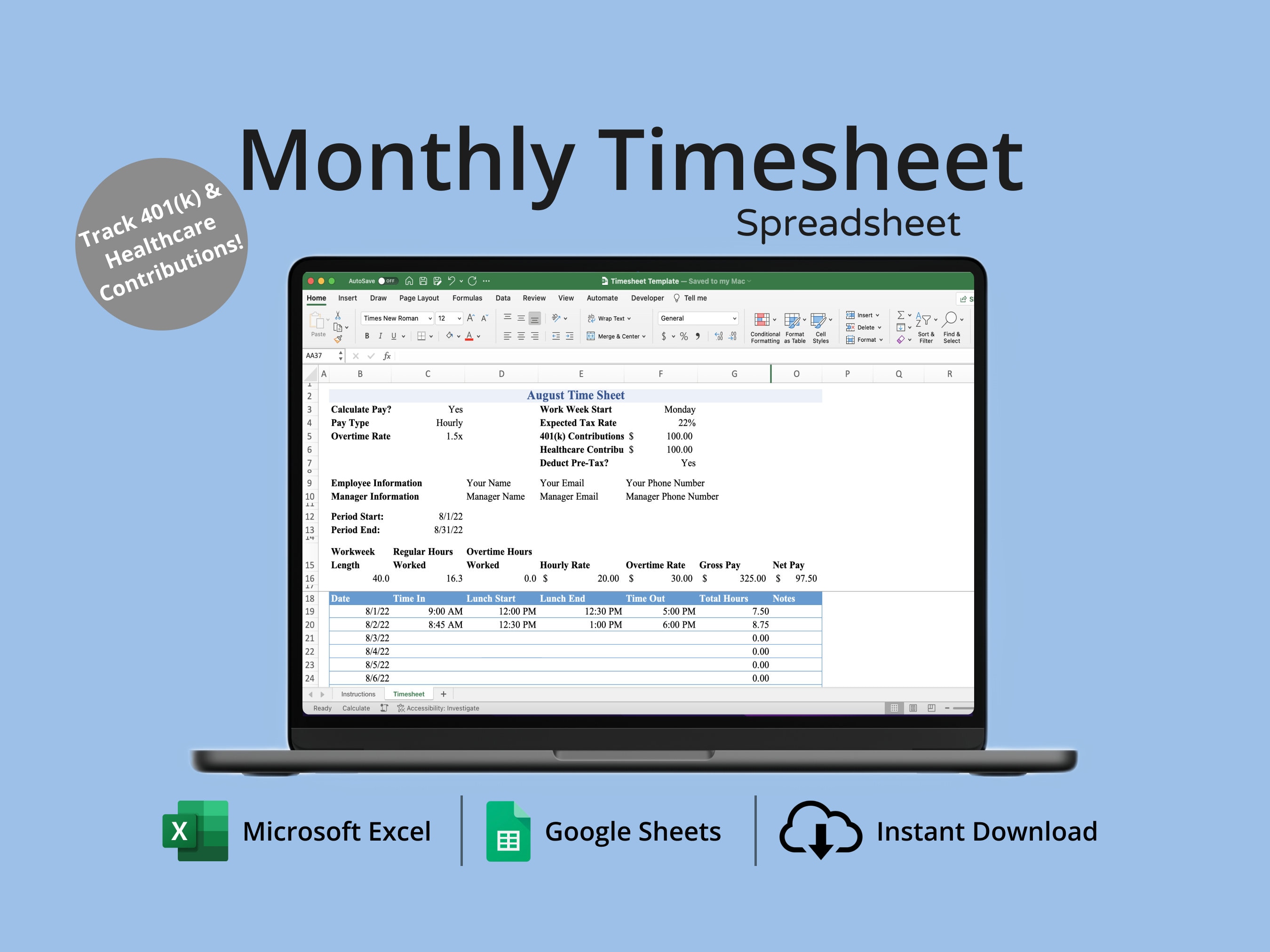 Enhanced Monthly Timesheet Template for Microsoft Excel & Google Sheets ...