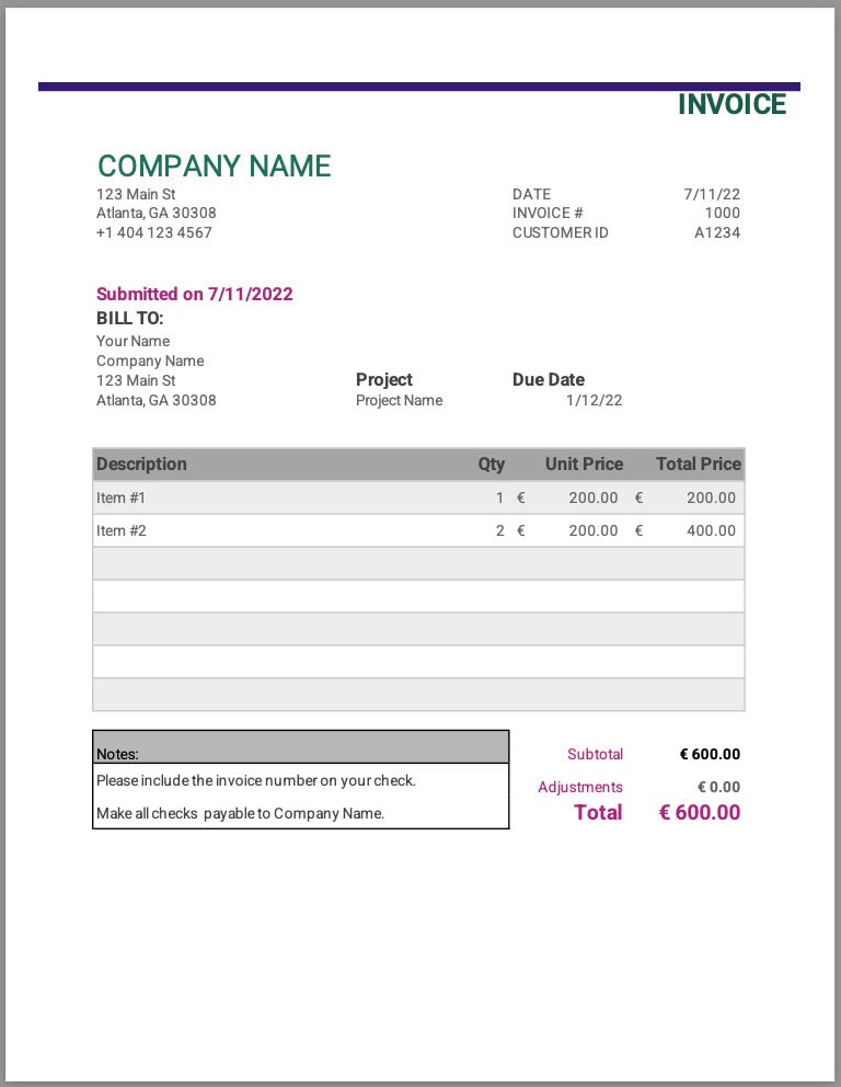 Business Invoice Template euro for Microsoft Excel & Google Sheets Easy ...