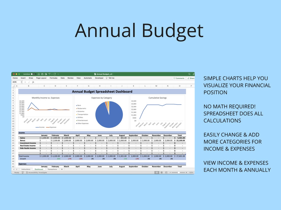 Annual & Monthly Budget Spreadsheet for Microsoft Excel / Google Sheets ...