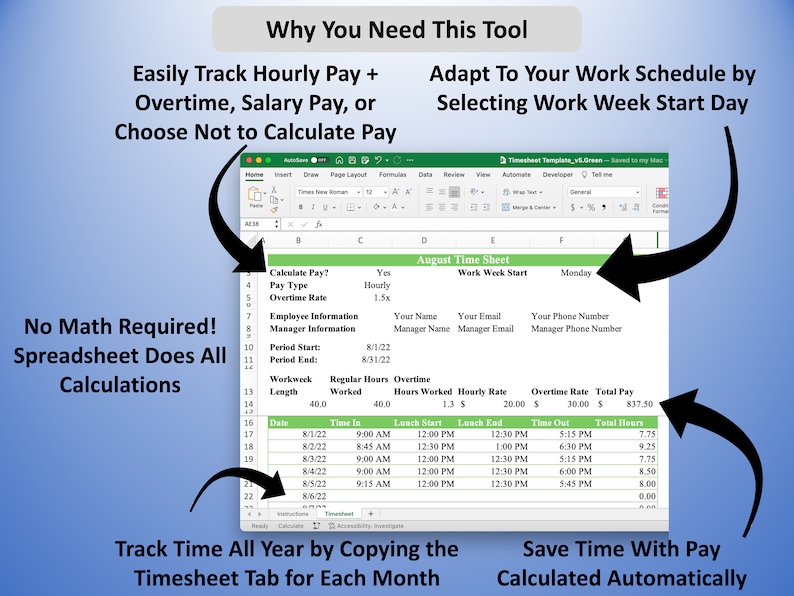 Monthly Timesheet Template for Microsoft Excel & Google Sheets (green ...