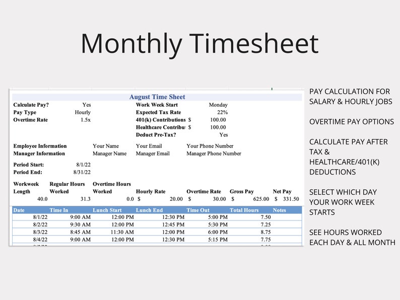 Enhanced Monthly Timesheet Template for Microsoft Excel & Google Sheets ...