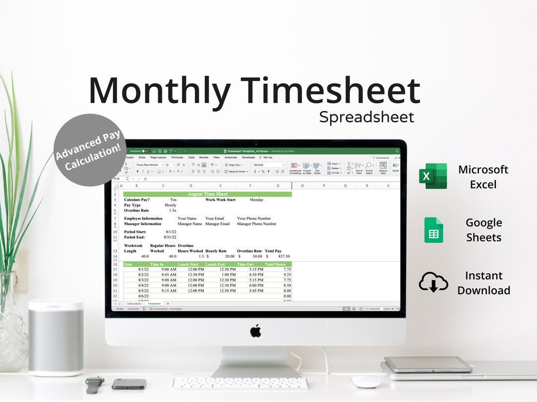 Timesheet Template for Microsoft Excel & Google Sheets (green) - Track ...