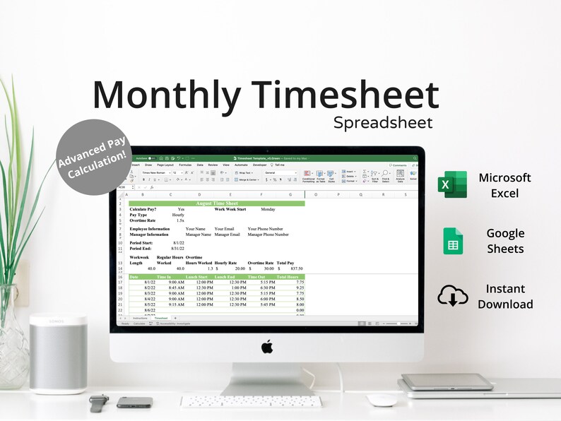 Timesheet Template for Microsoft Excel & Google Sheets (green) - Track ...