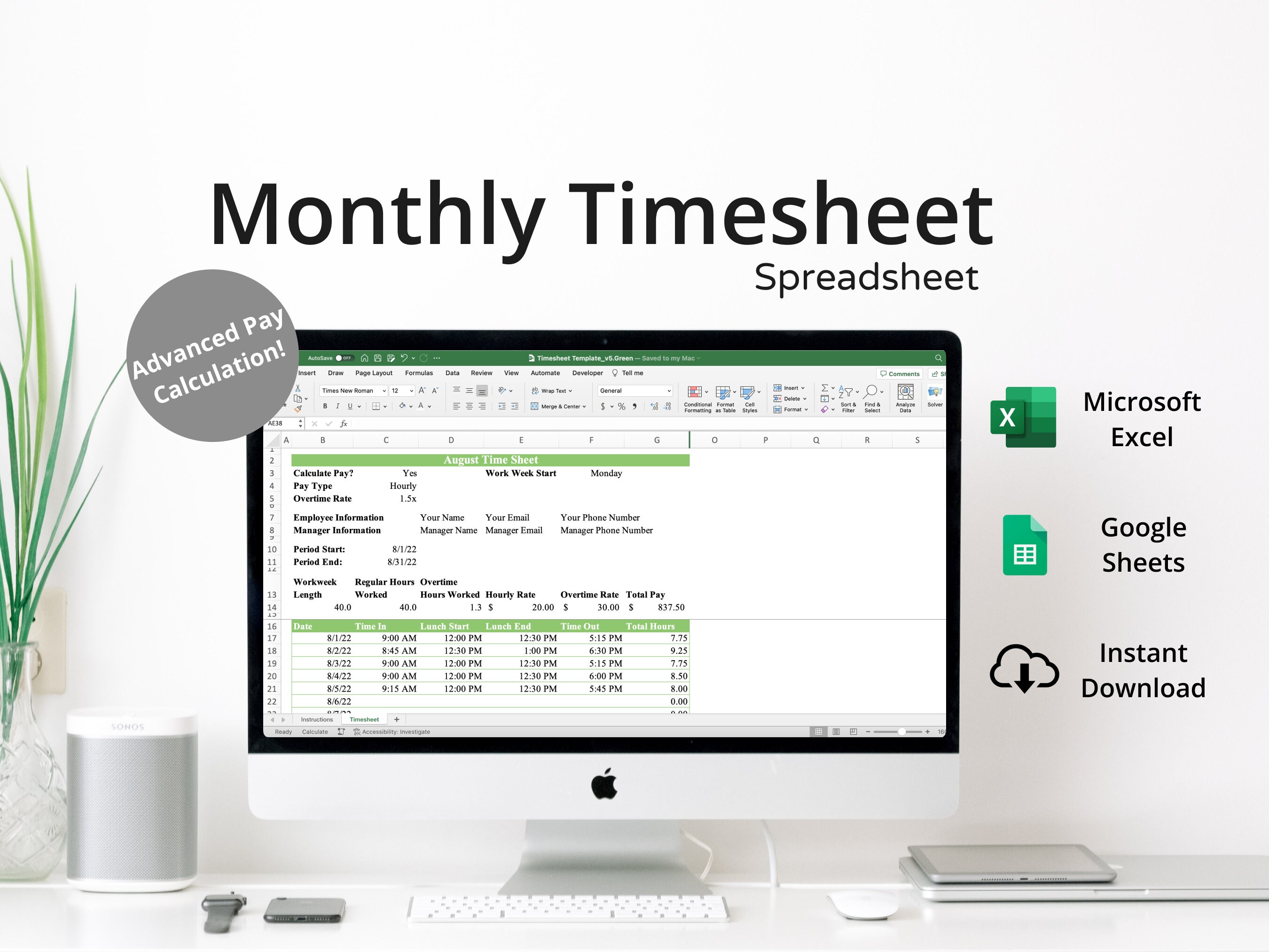 Timesheet Template for Microsoft Excel & Google Sheets (green) - Track ...