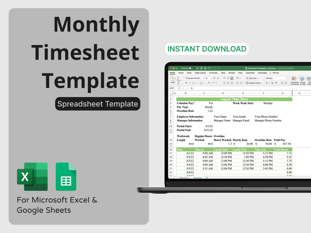 Monthly Timesheet Template for Microsoft Excel & Google Sheets (green ...