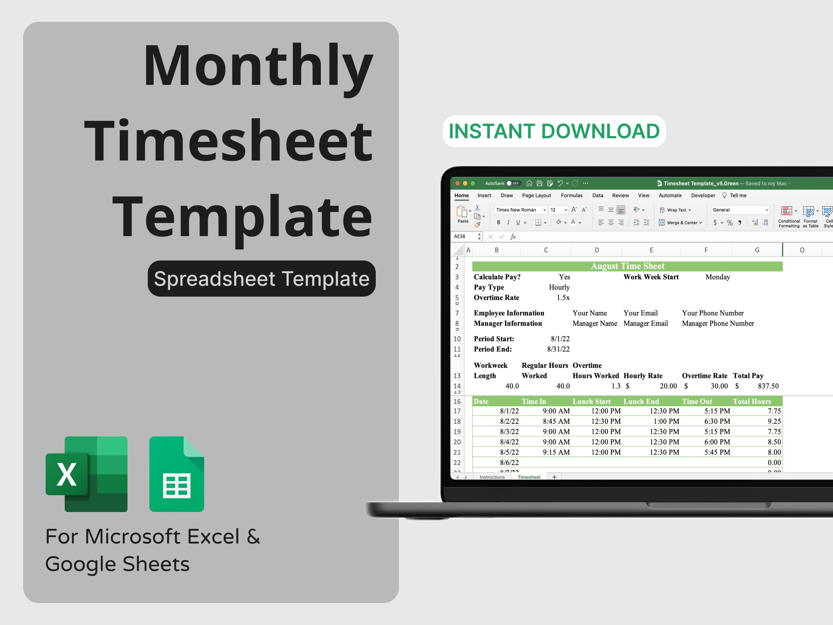 Monthly Timesheet Template for Microsoft Excel & Google Sheets (green ...